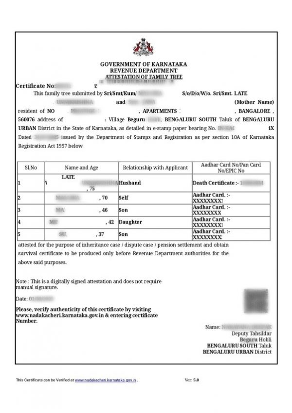 Family Tree Certificate in Karnataka